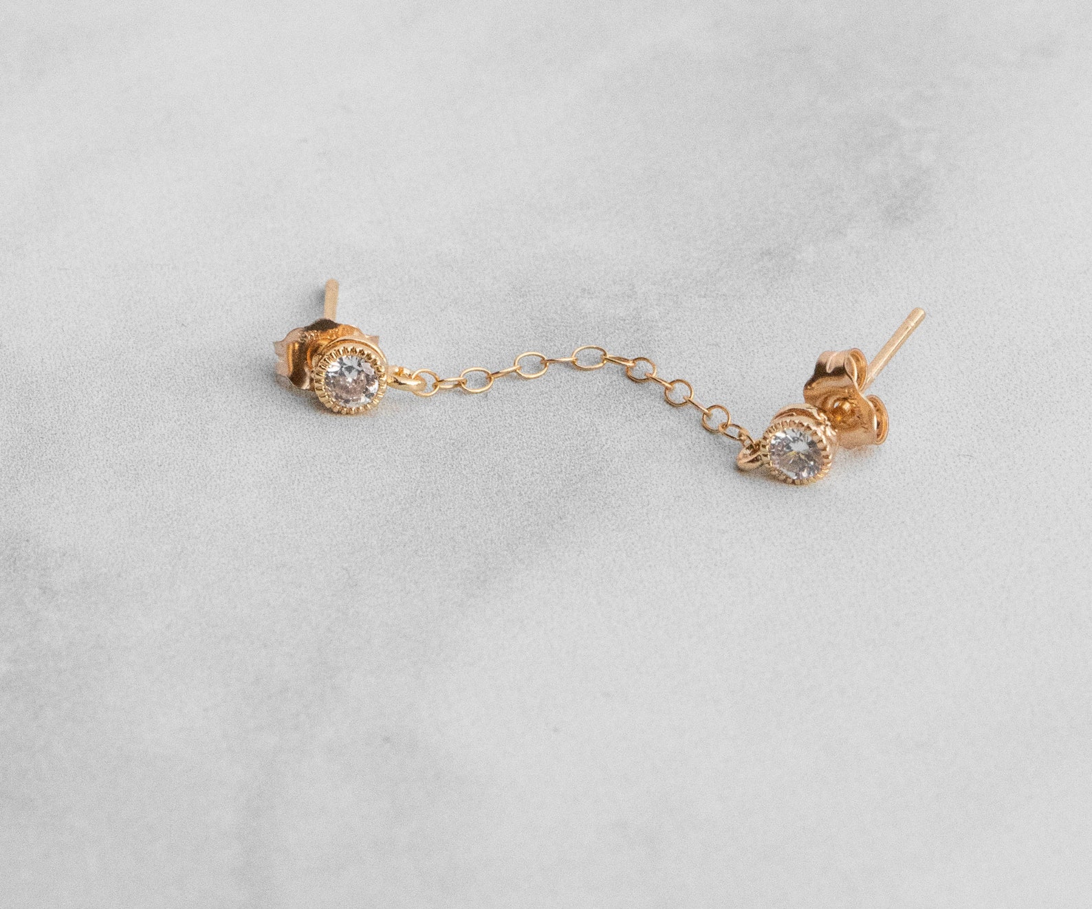 Double Piercing Earring Chain Dainty Chain CZ Double Stud - Etsy