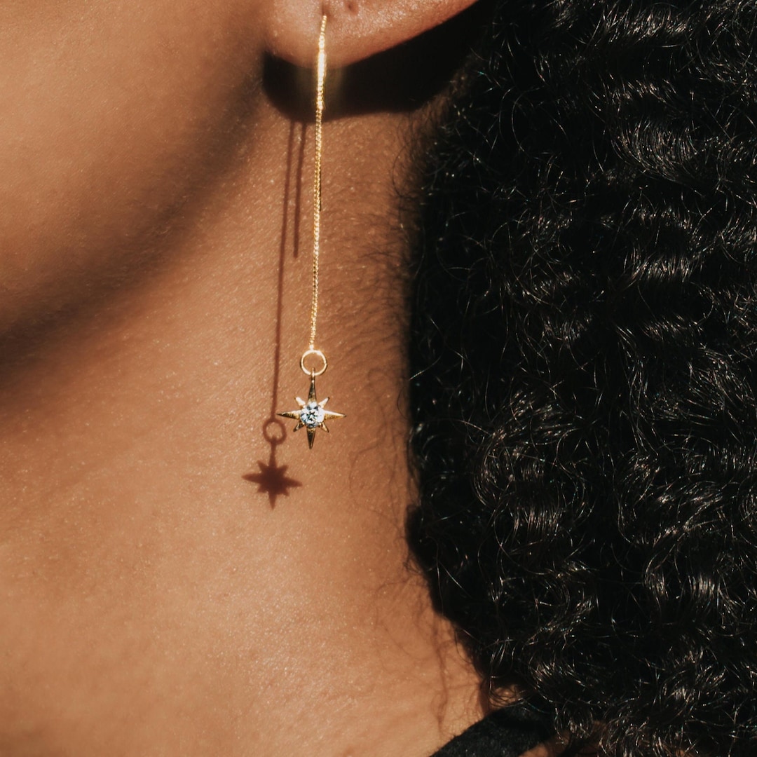 Star Threader Earrings, Gold Chain Dangle Earrings, Celestial Earrings, 14k Gold Filled North ...