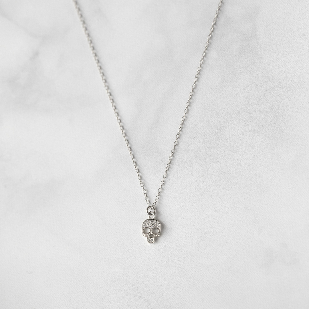 Silver Skull Necklace, Diamond Skull Pendant, Everyday Charm Necklace ...