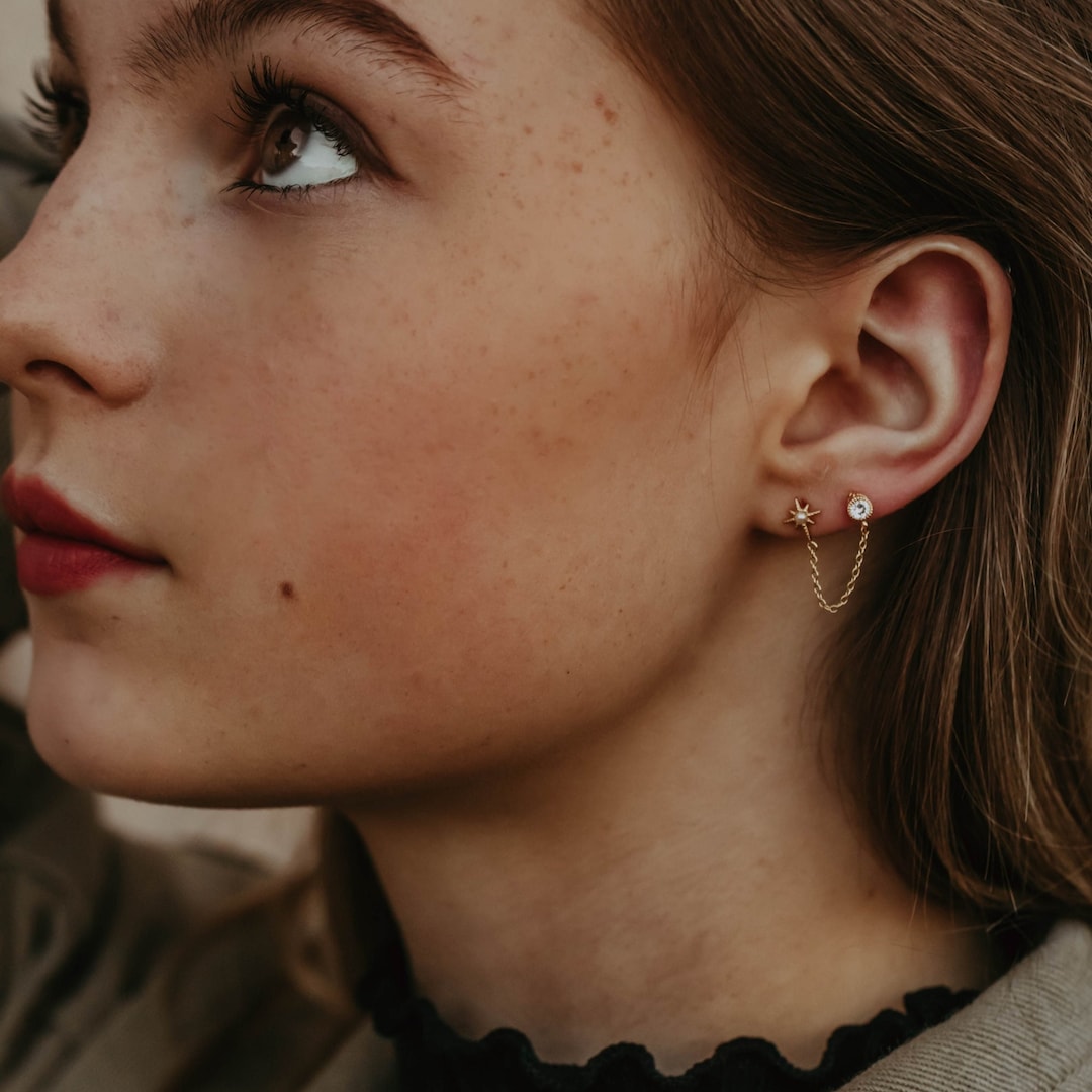 Double Piercing Earring, Chain Earrings Double Piercing, Double ...