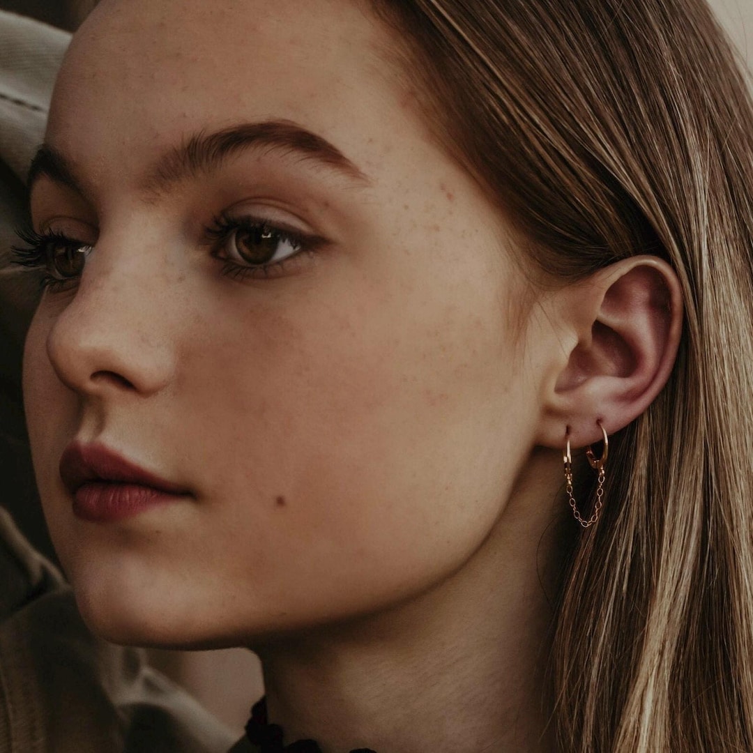 Double Piercing Earring, Double Chain Huggies, Double Hoop Earrings ...