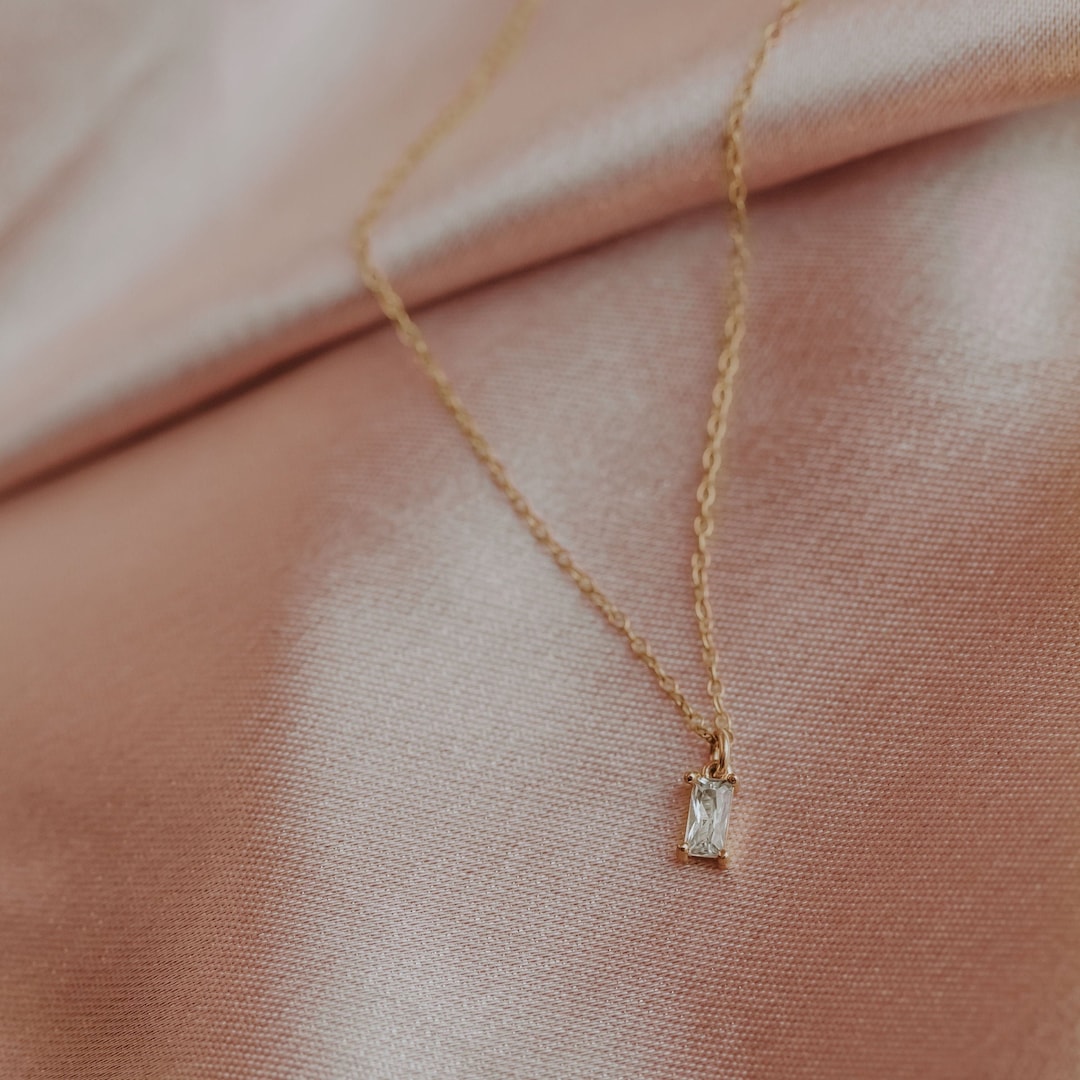 Diamond Baguette Necklace, 14k Gold Filled Dainty Necklace, CZ Diamond ...