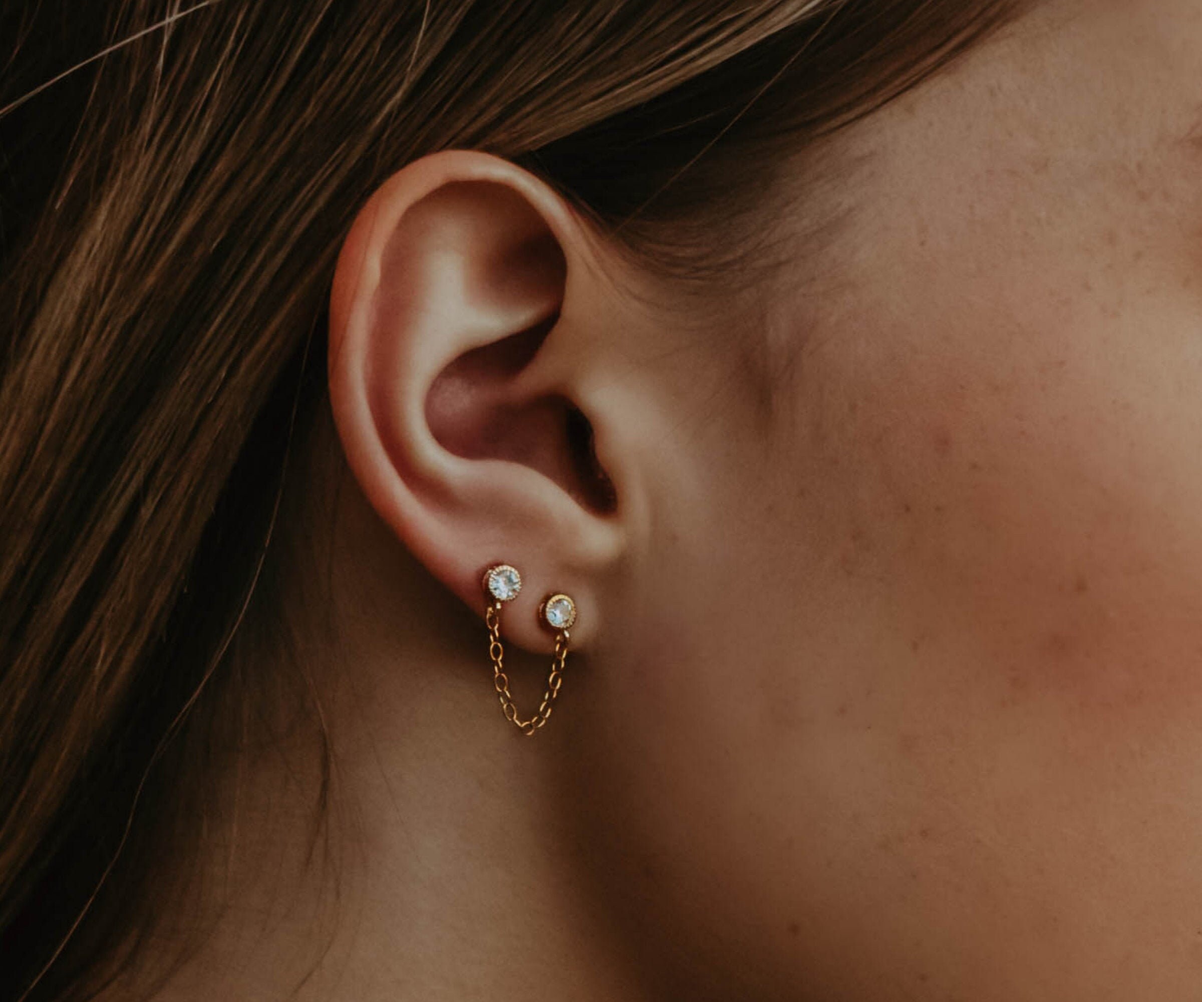 Double Piercing Earring Chain Dainty Chain CZ Double Stud | Etsy