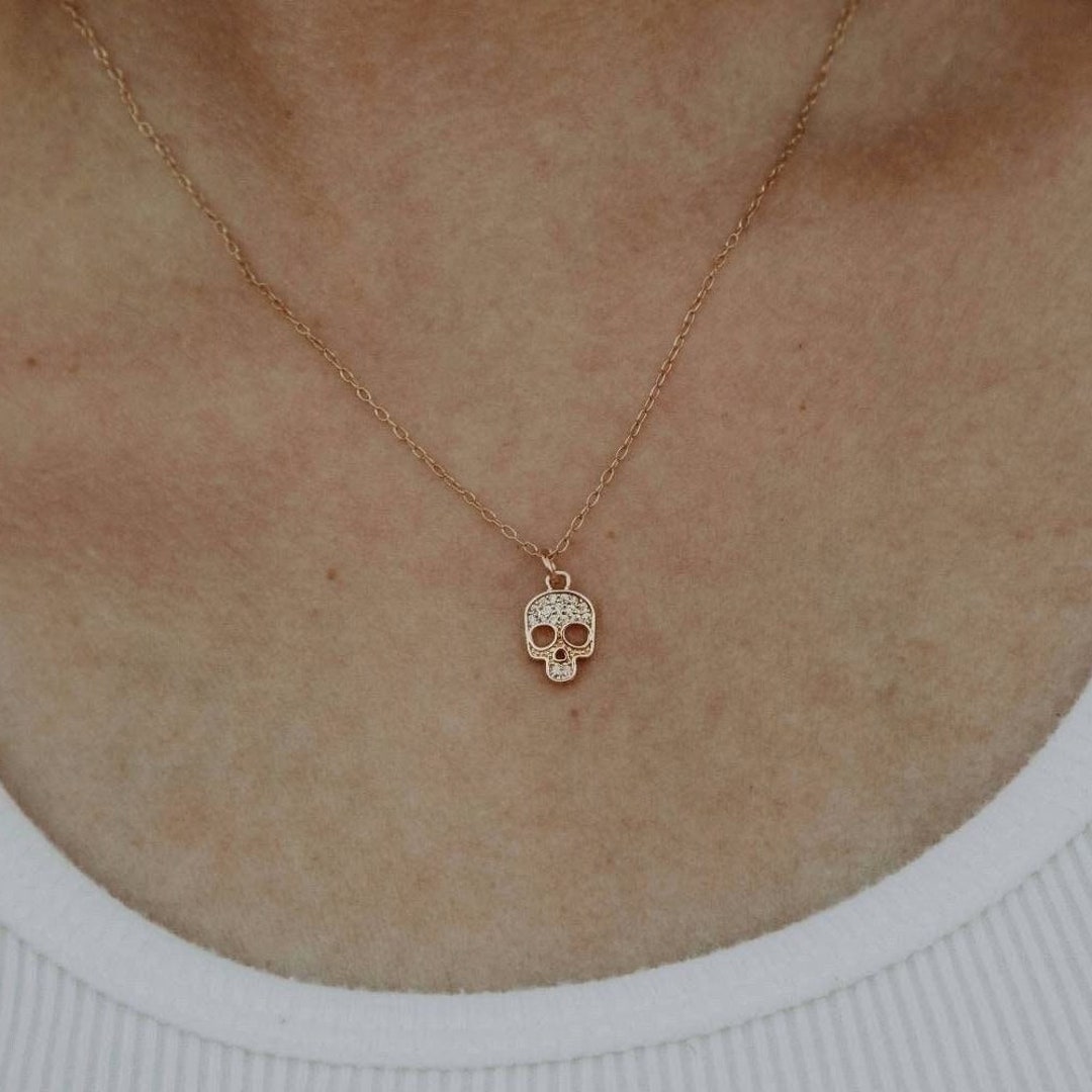 Skull Necklace Gold, Diamond Skull Pendant Necklace, Dainty Charm ...