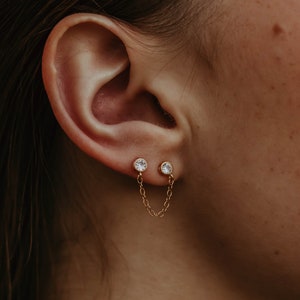 Double Piercing Earring Chain, Dainty Chain CZ Double Stud Earrings ...
