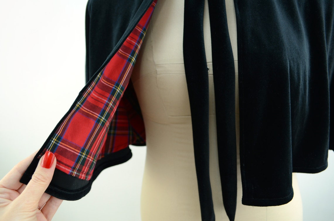 Black Velvet Capelet With Tartan Lining Short Cape - Etsy