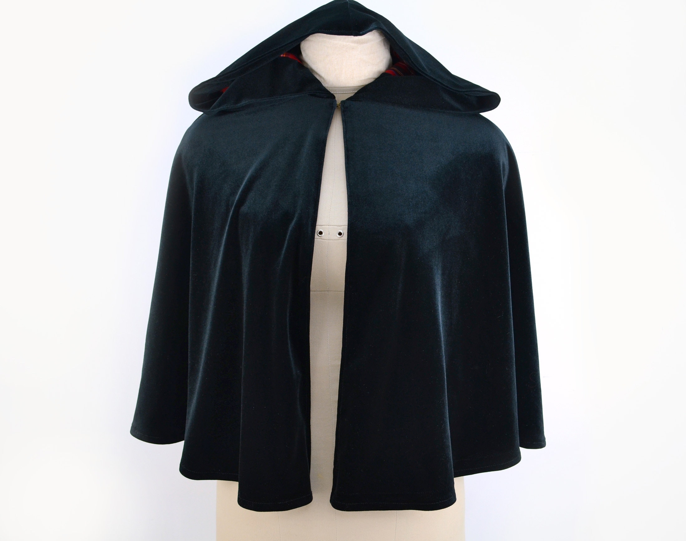 Black Velvet Lined Cape With Hood and Tartan Lining - Etsy UK