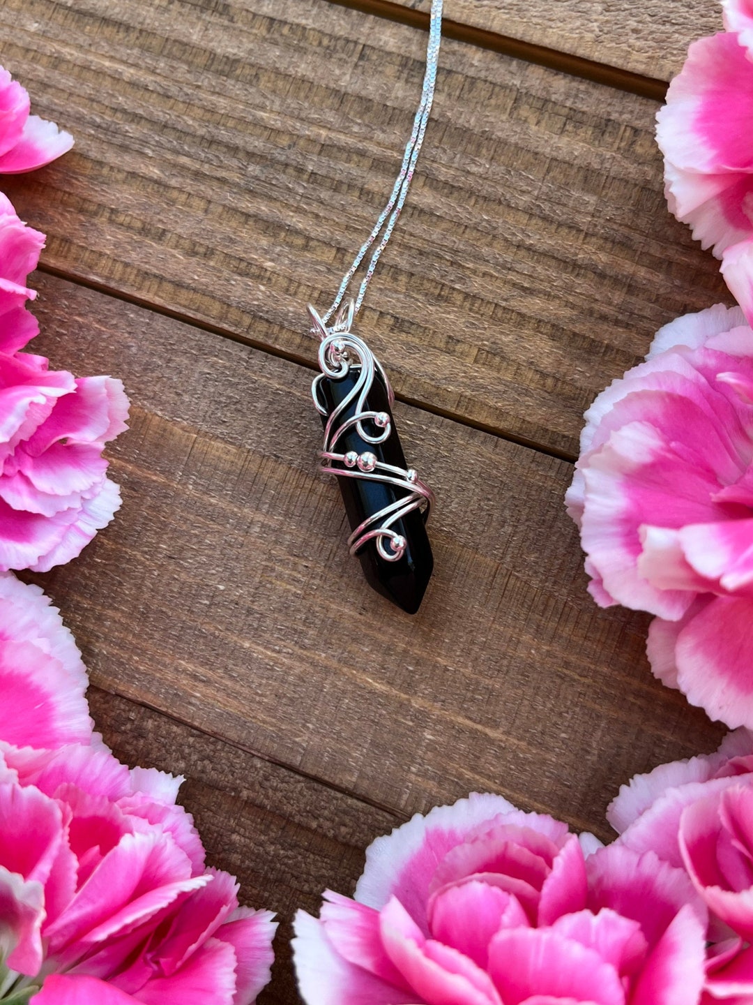 Black Onyx Point Pendant • Black Onyx Wire Wrapped Pendant • Black Onyx ...