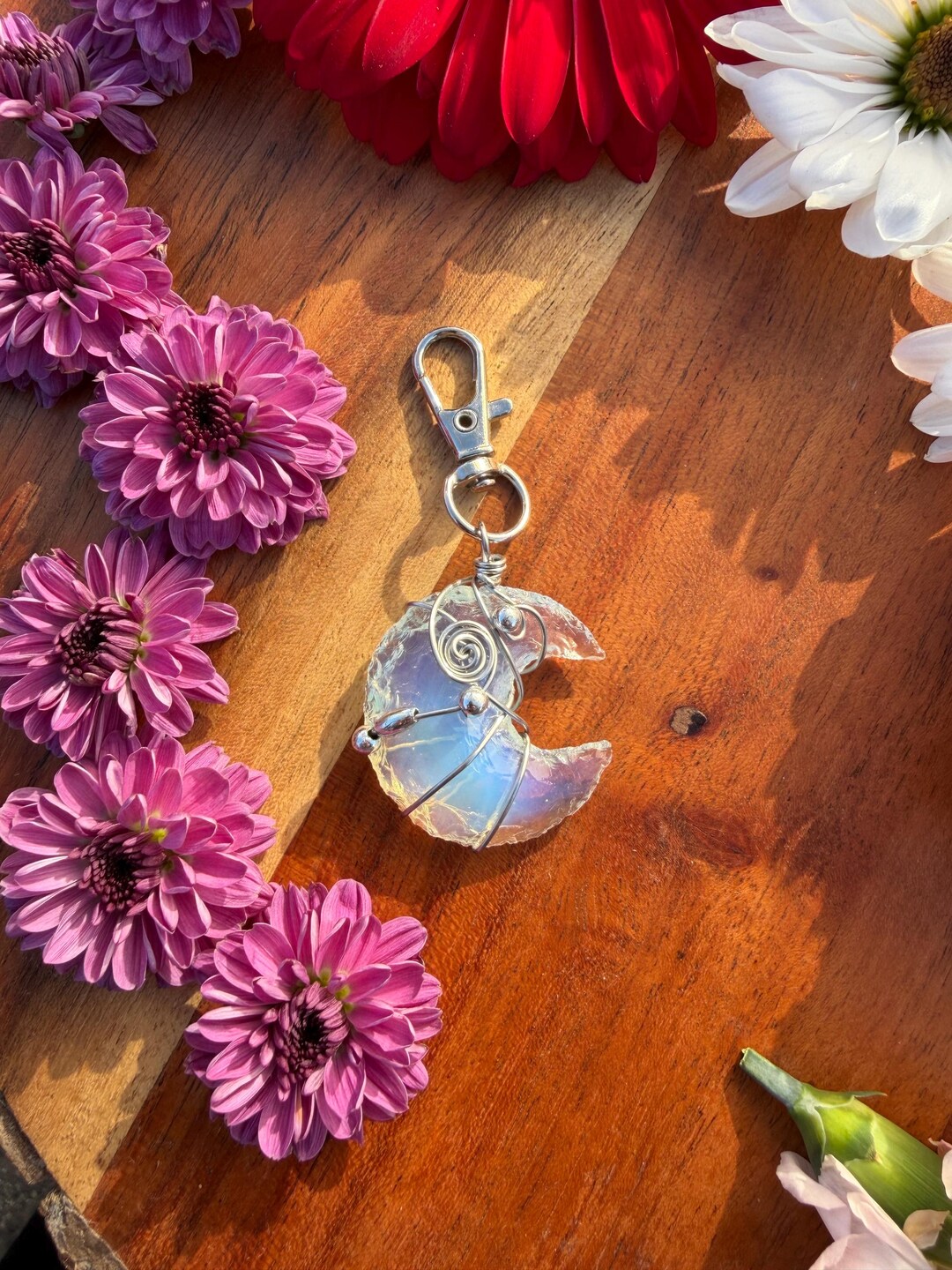 Opalite Moon Keychain • Opalite Crystal Key Ring • Crystal Purse Charm ...