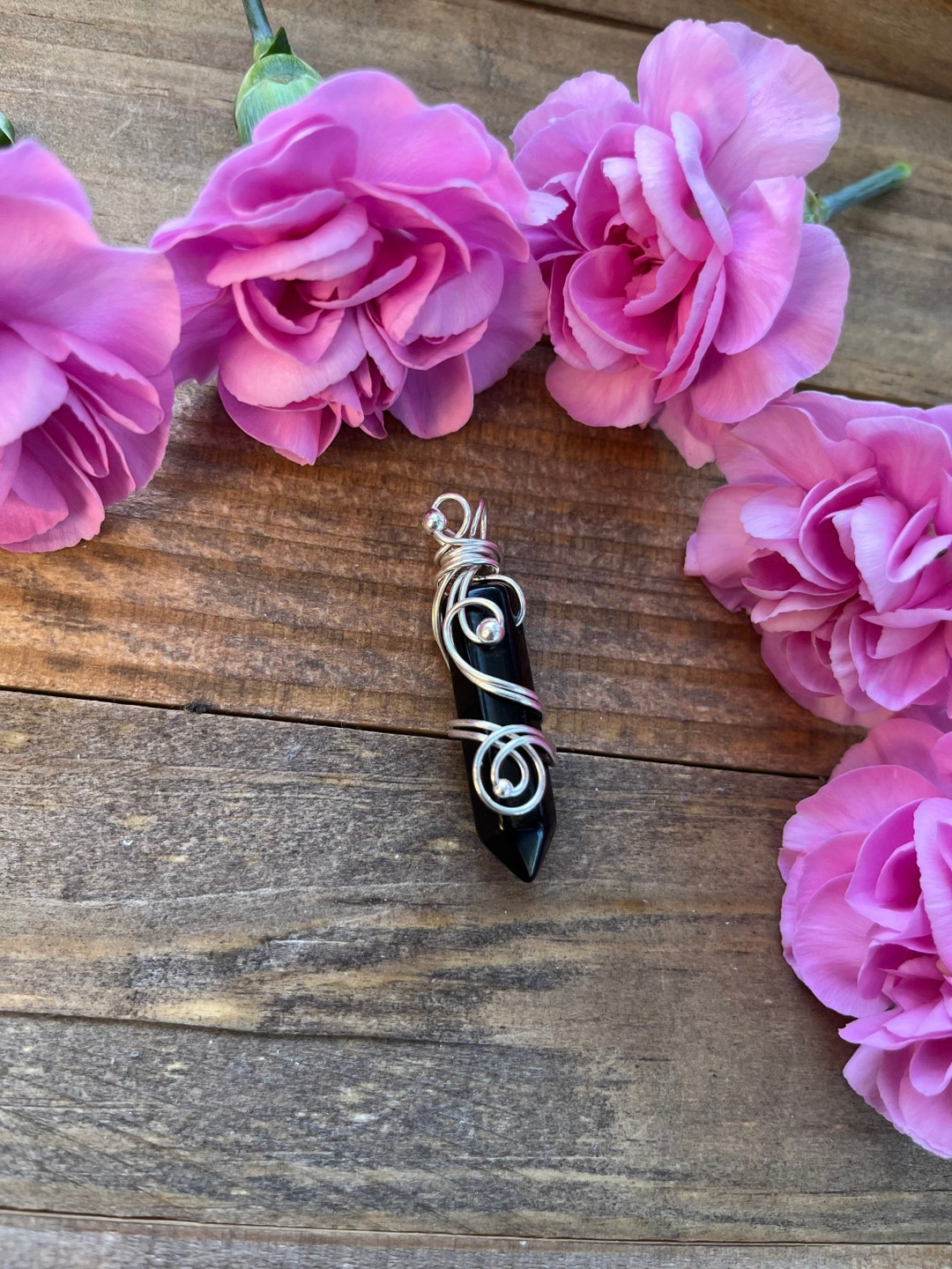 Black Onyx Sterling Silver Point Pendant • Wire Wrapped Crystal Point ...