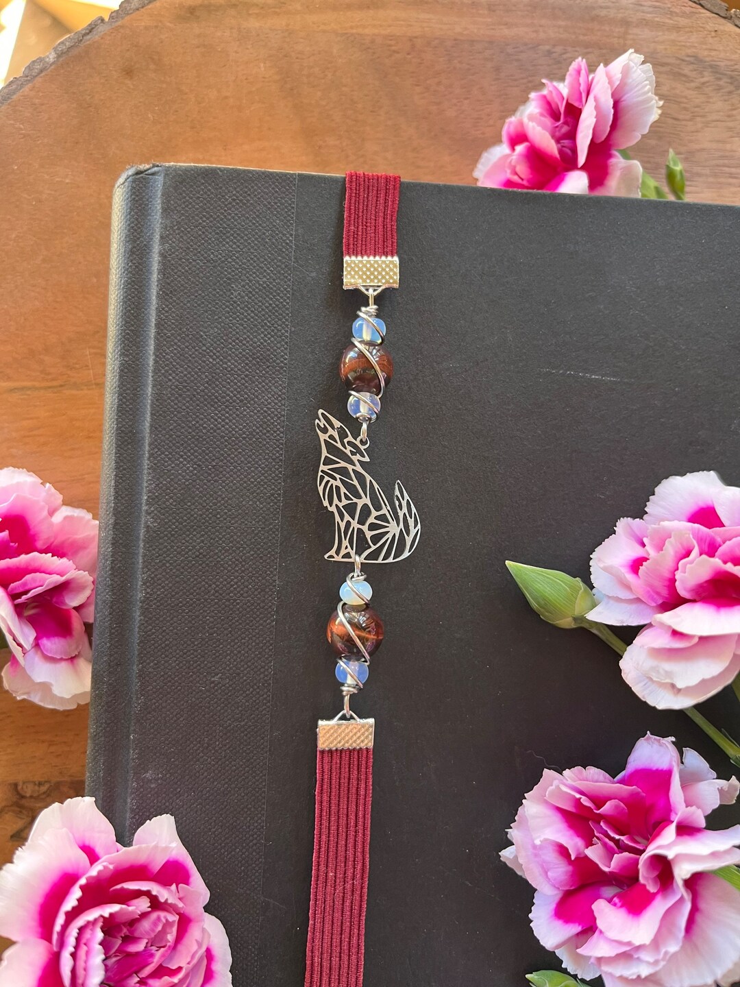 Howling Wolf Bookmark • Red Tigers Eye & Opalite Wolf Book Thong ...