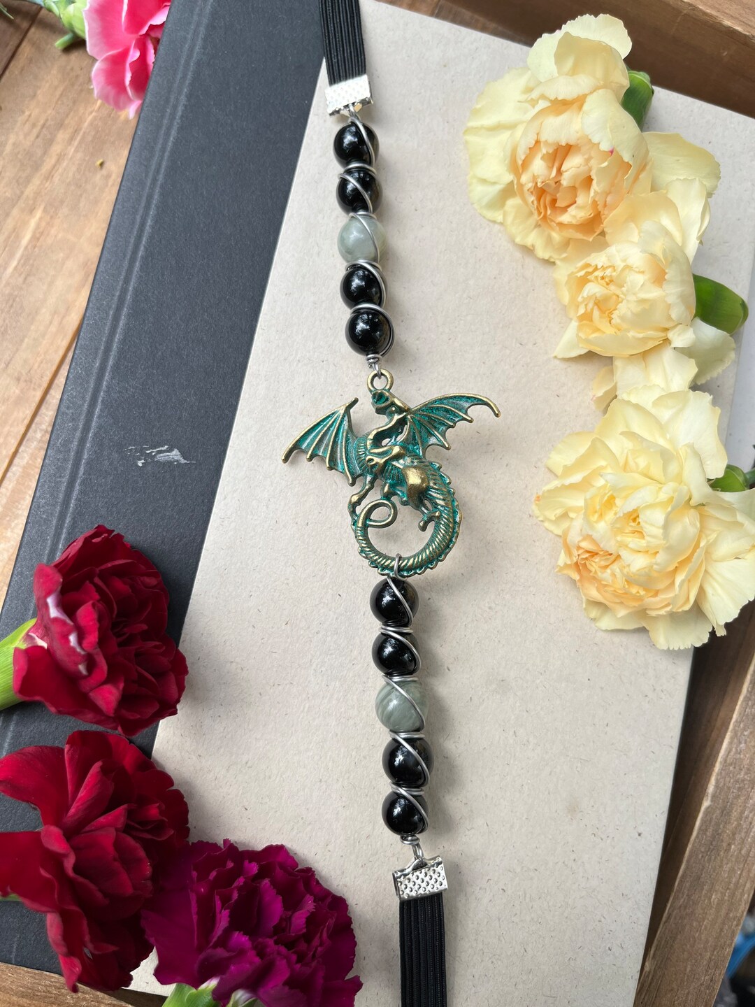 Black Onyx and Seaweed Green Dragon Bookmark • Green Dragon Book Marker ...