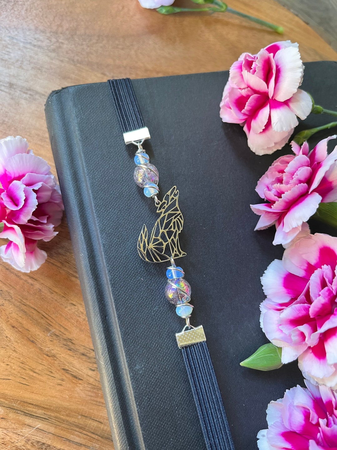 Howling Wolf Bookmark • Iridescent Acrylic Bead Wolf Book Thong ...