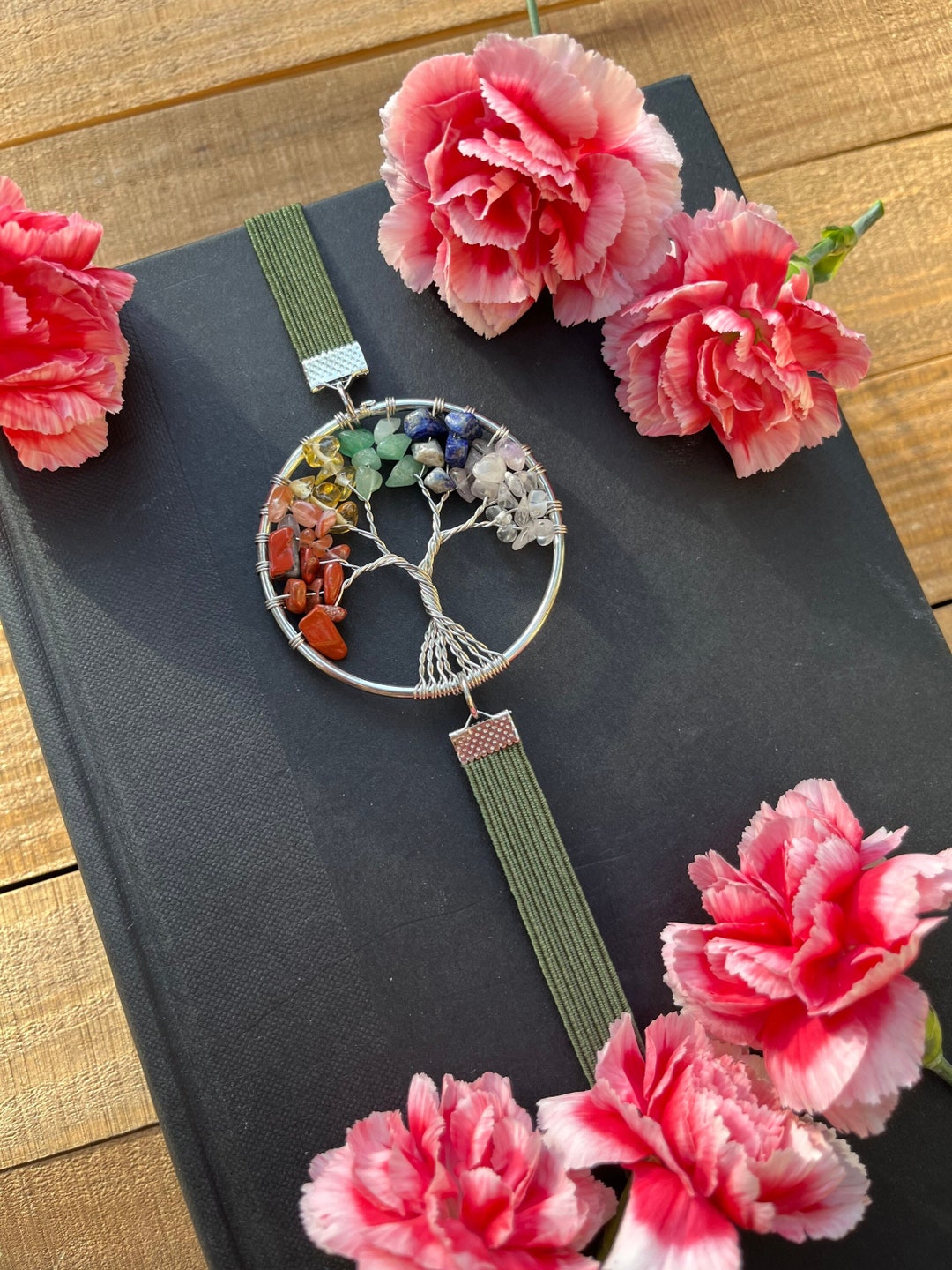 Mixed Crystal Tree of Life Bookmark • Olive Green Book Thong • Crystal ...