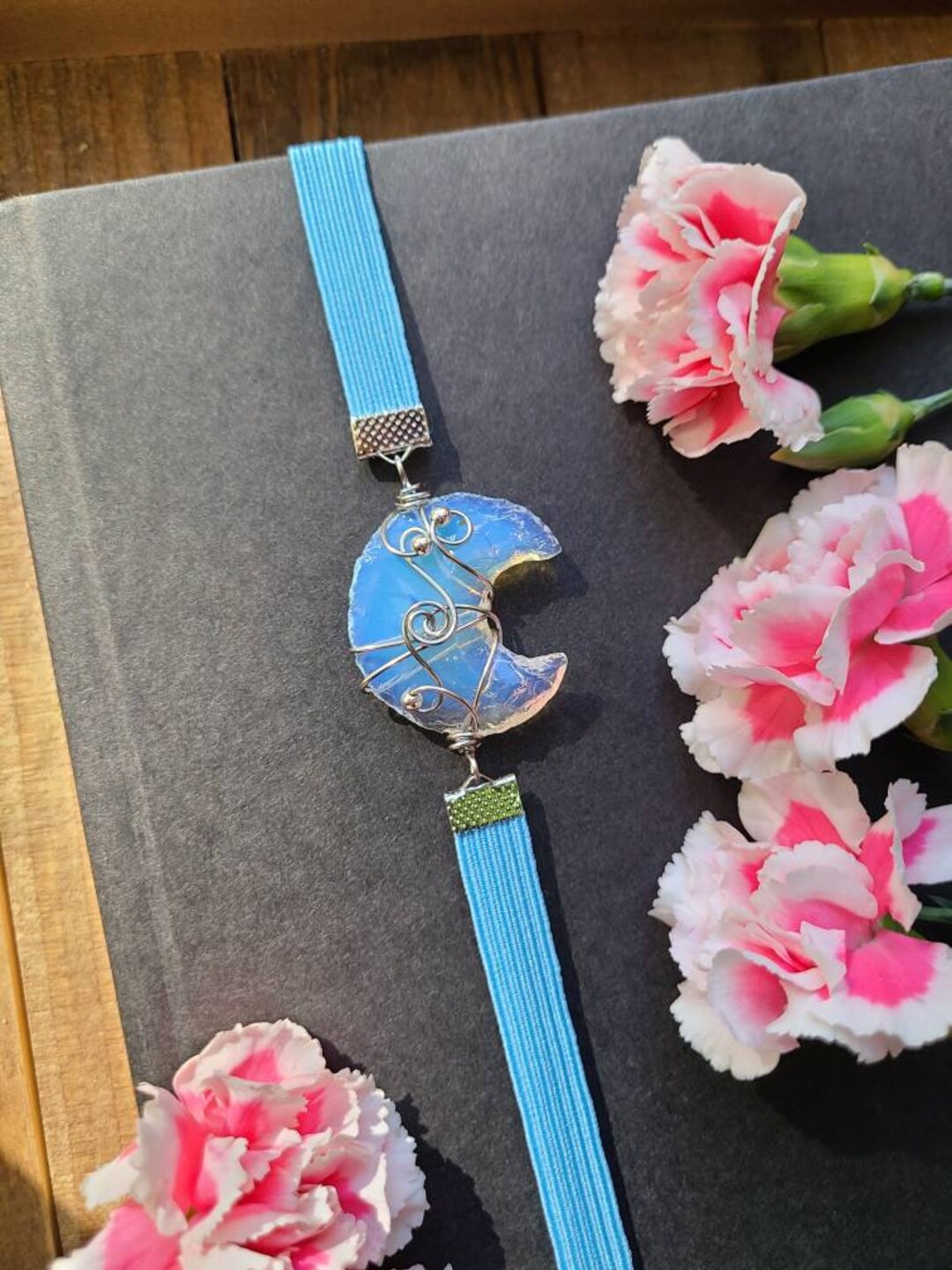 Opalite Crescent Moon Bookmark • Sky Blue Book Thong • Crystal Bookmark ...