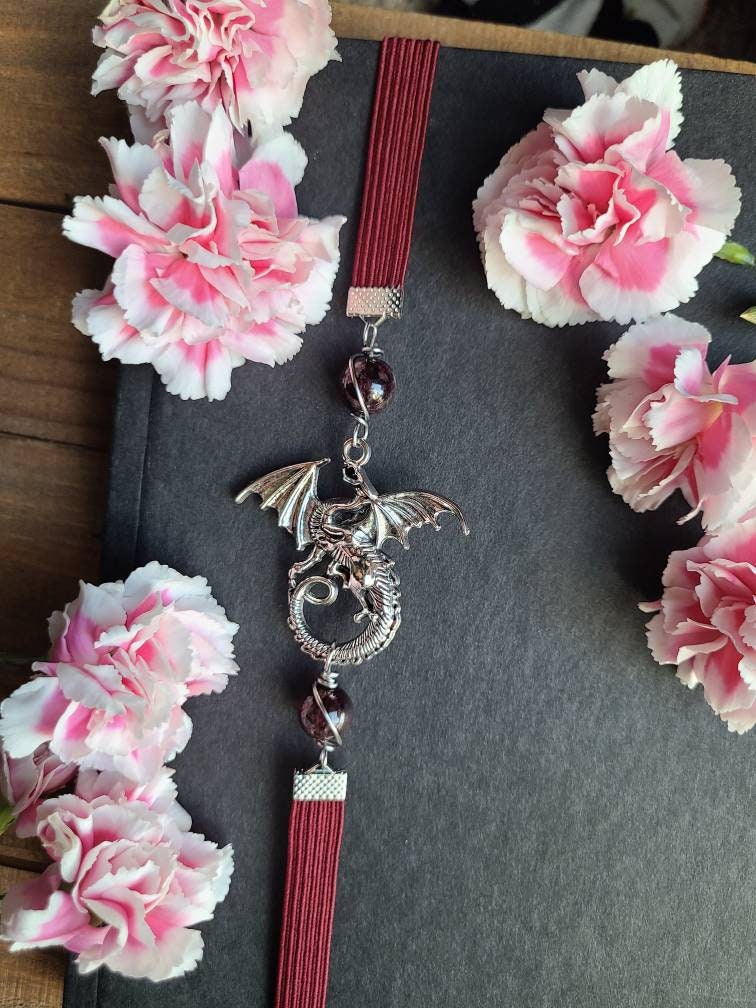 Red Garnet Dragon Bookmark • Silver Dragon Bookmark • Fantasy Bookmark ...