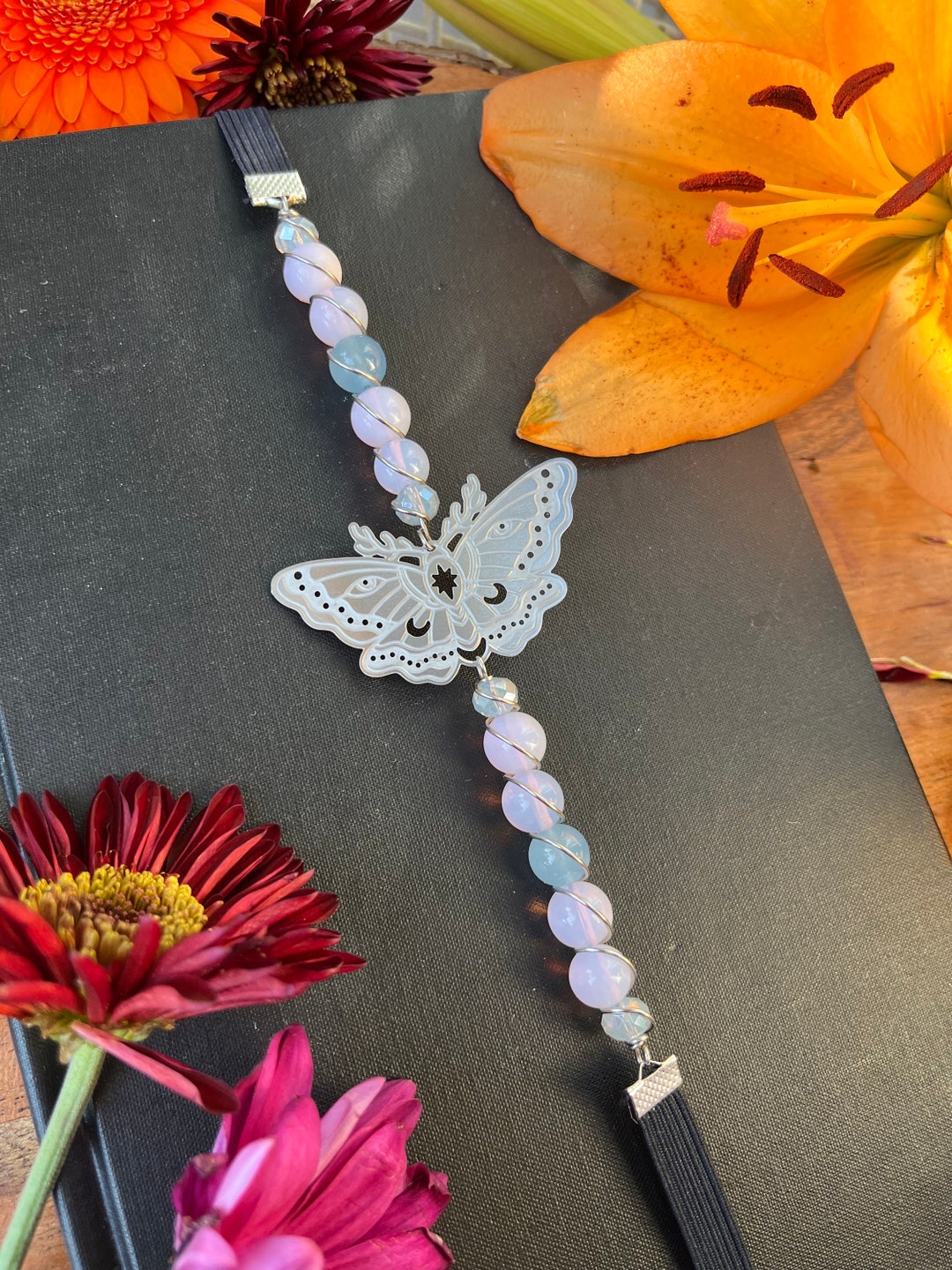 Luna Moth Bookmark • Silver Moth Bookmark • Pink Crystal Book Thong ...
