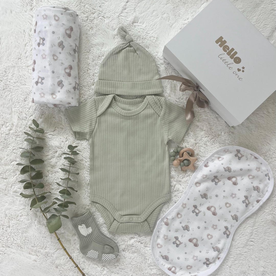 Welcome Baby Boy Gift Set Box - Unique Wooden Toys Design - Sage Green ...