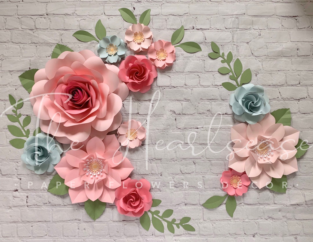 Pink and Blue Paper Flowers - Set of 12 Flowers Decor - Blush Pink and ...