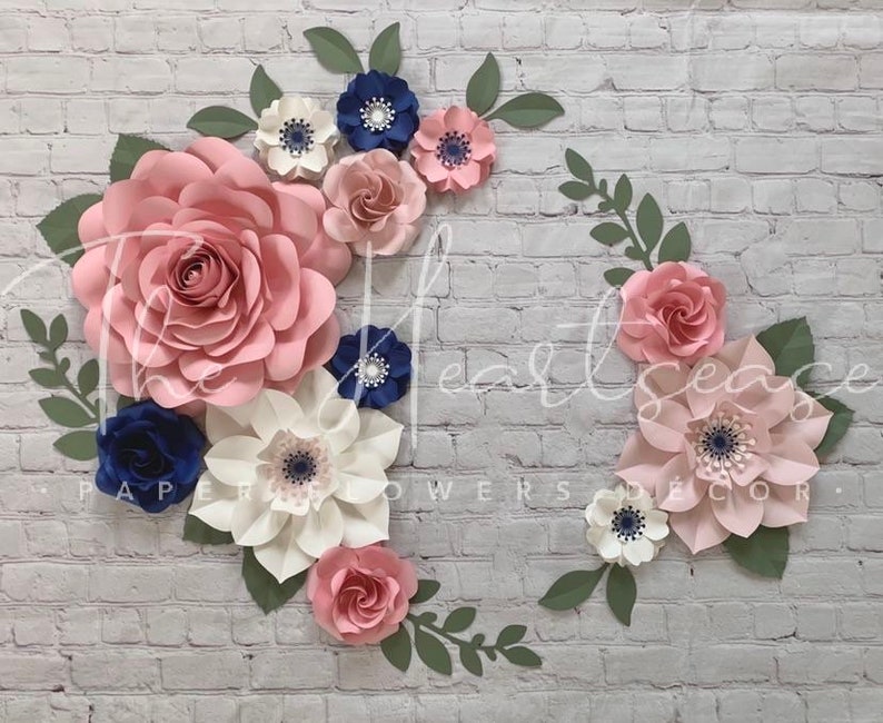 Paper Floral Arrangement - Pink and Navy - Set of 12 Paper Flowers ...