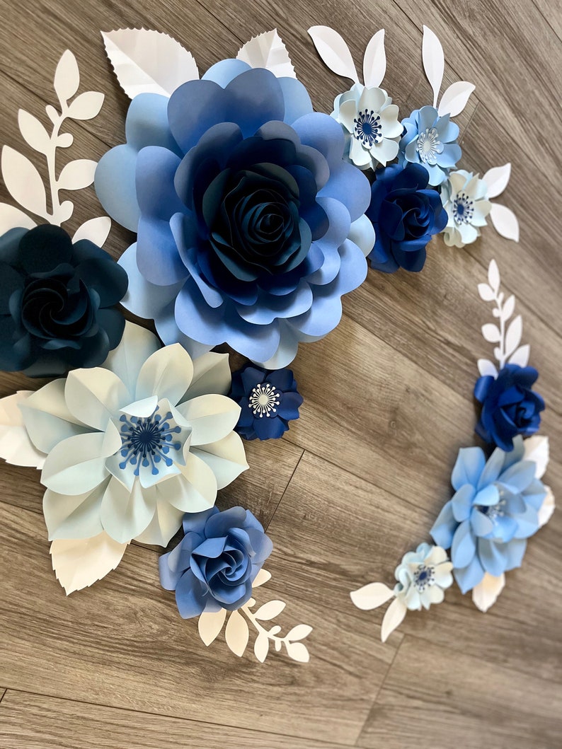 Navy Blue Paper Flower Wall Decor Set, Baby Shower Backdrop, Wedding ...