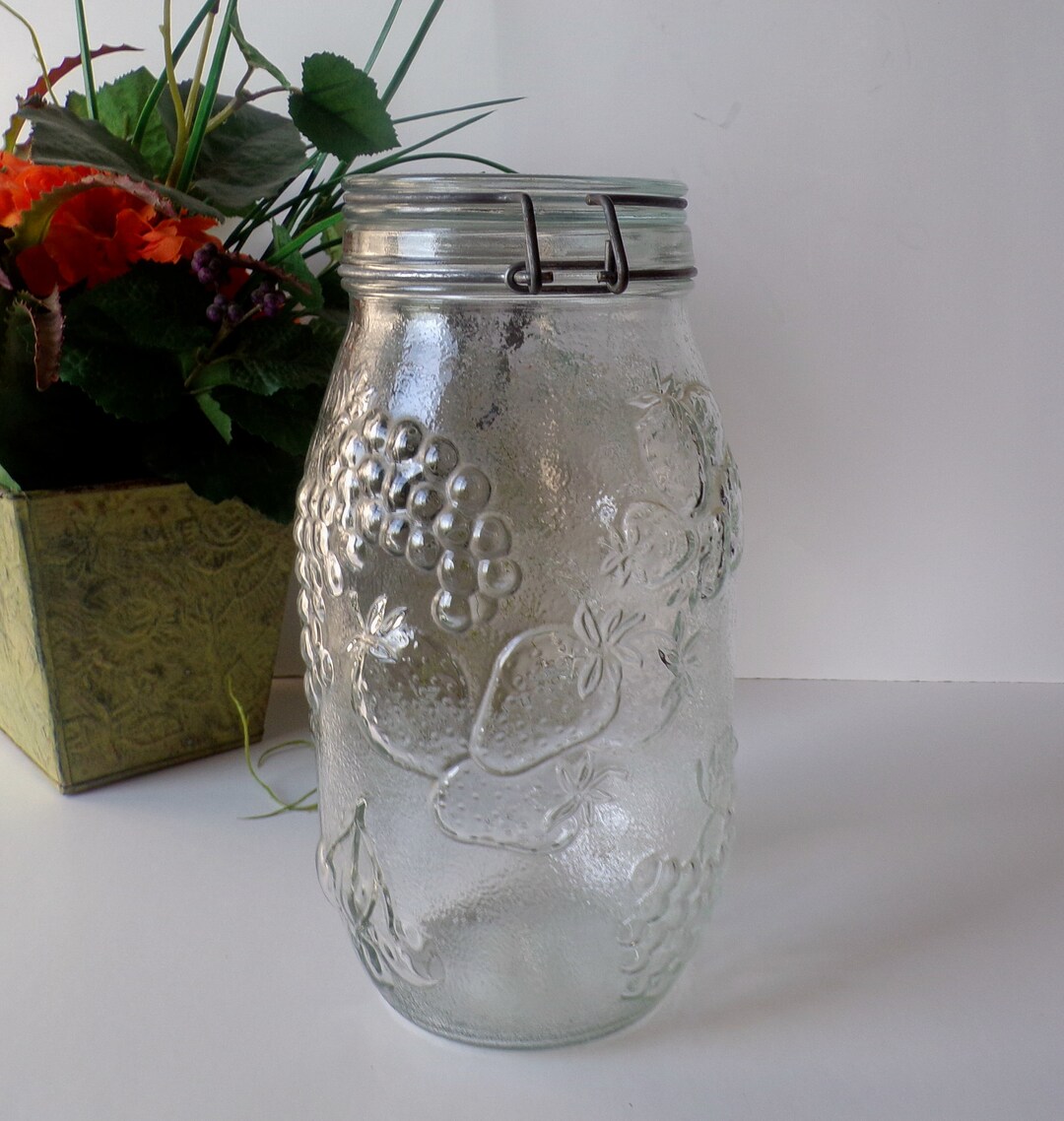 Vintage Wheaton Glass Jar Decanter 2L Wire Bale Clamp No Rubber Raised ...