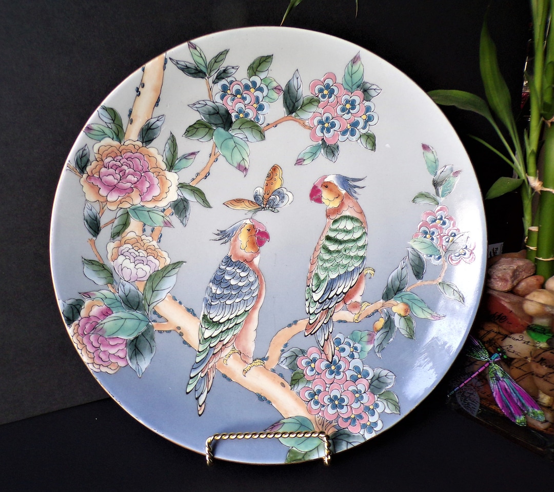 Vintage Hand Painted Made in Macau Porcelain Parrots and Exotic Flowers ...