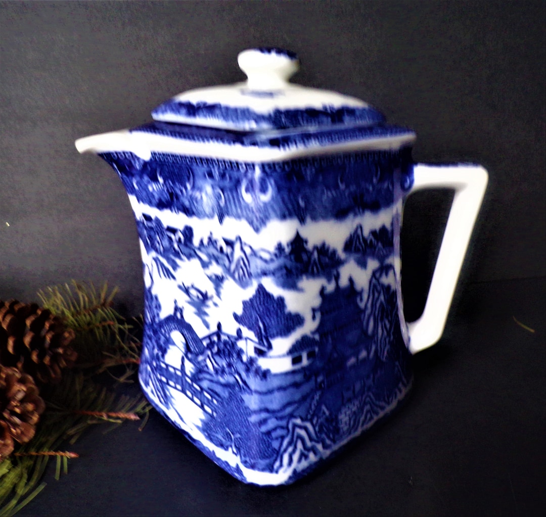 Vintage White and Blue Willow Square Lidded Tea - Etsy