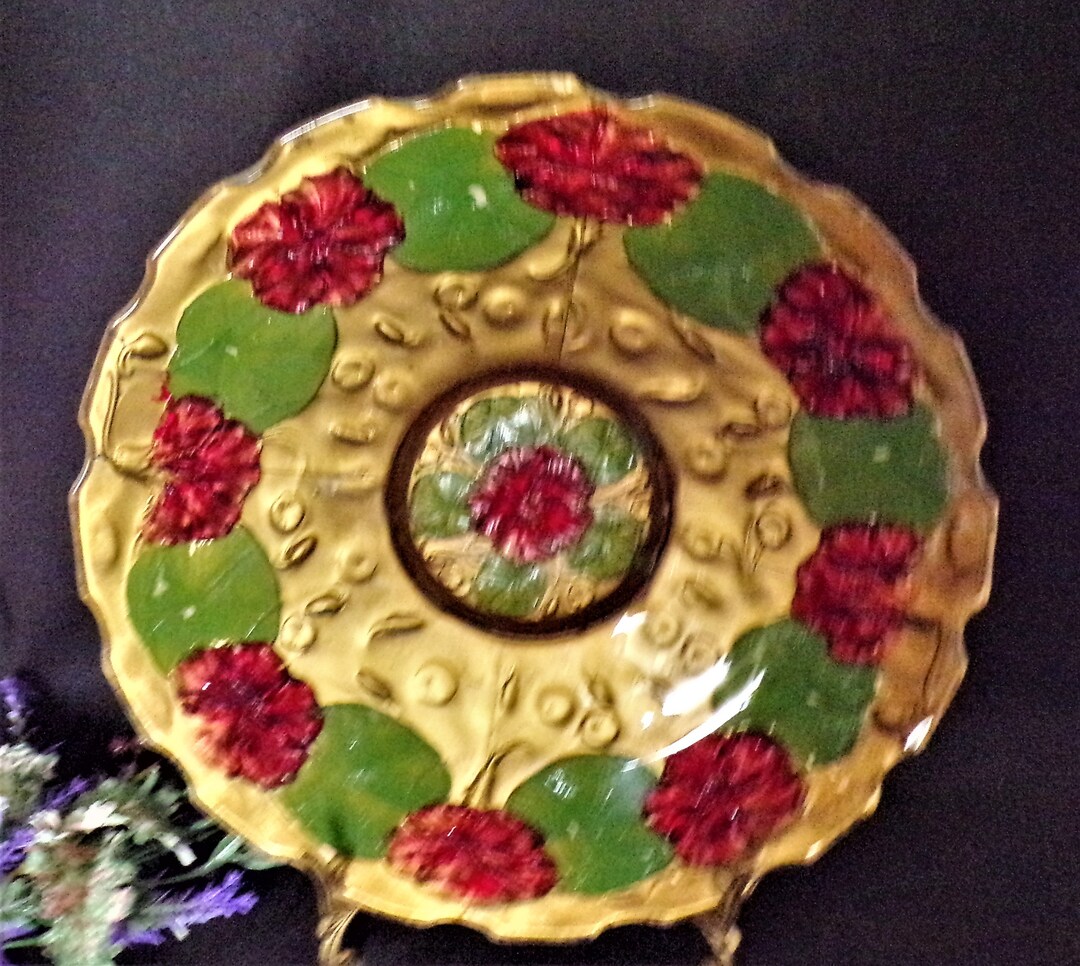 Antique Goofus Glass Plate Gold With Red Flowers and Green Leaves - Etsy