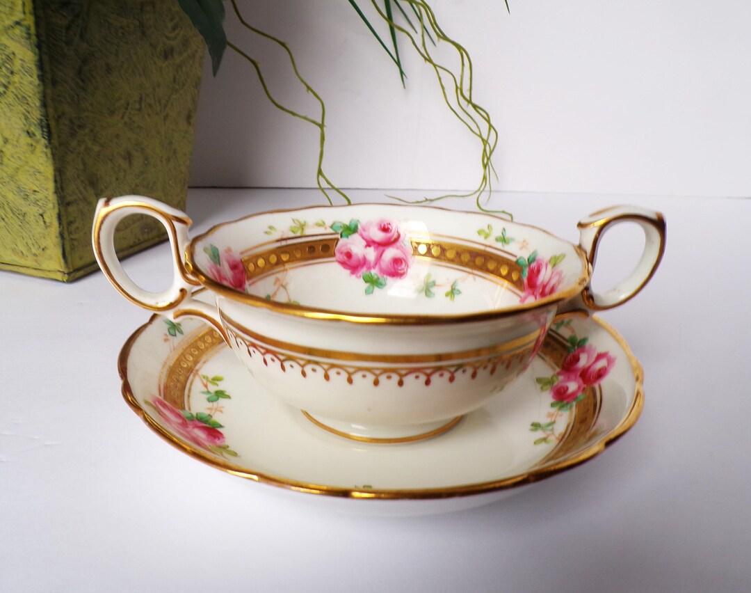 Antique W A Adderly Bone China Bouillon Cup and Saucer Encrusted Gold ...