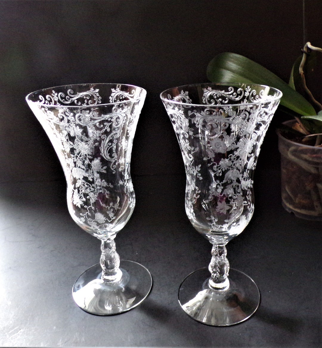 2 Cambridge Glass Clear Etched Chantilly Footed Water Goblets ...
