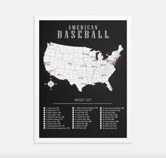MLB Baseball Stadium Checklist Map Poster Updated Names 2019 - Etsy