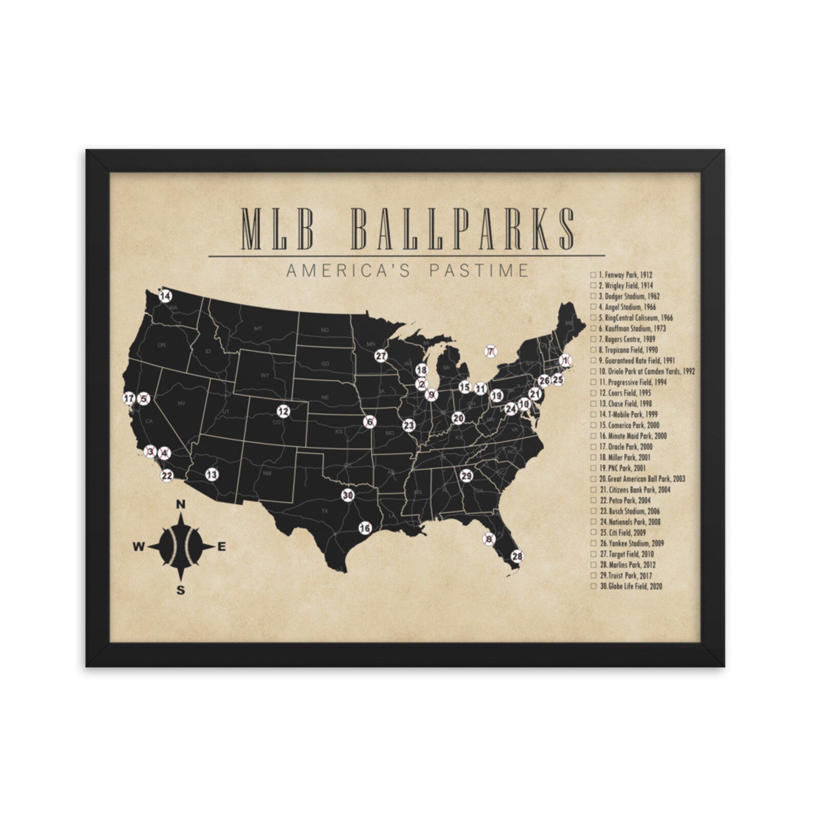 MLB Ballparks Checklist Map Poster 2021 Update Vintage | Etsy Canada