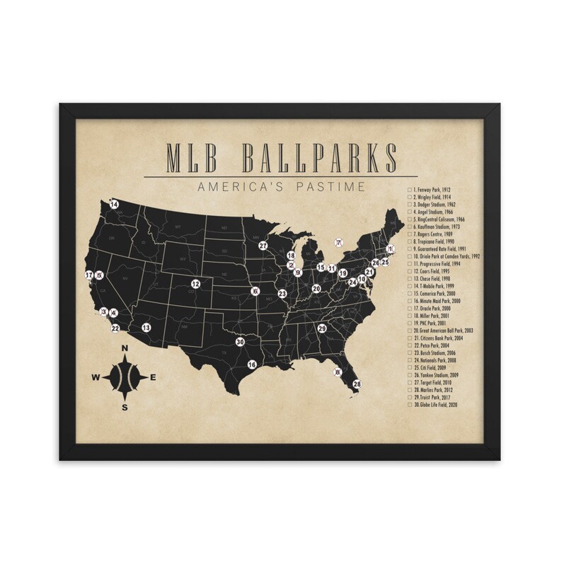 MLB Ballparks Checklist Map Poster 2021 Update Vintage | Etsy Canada