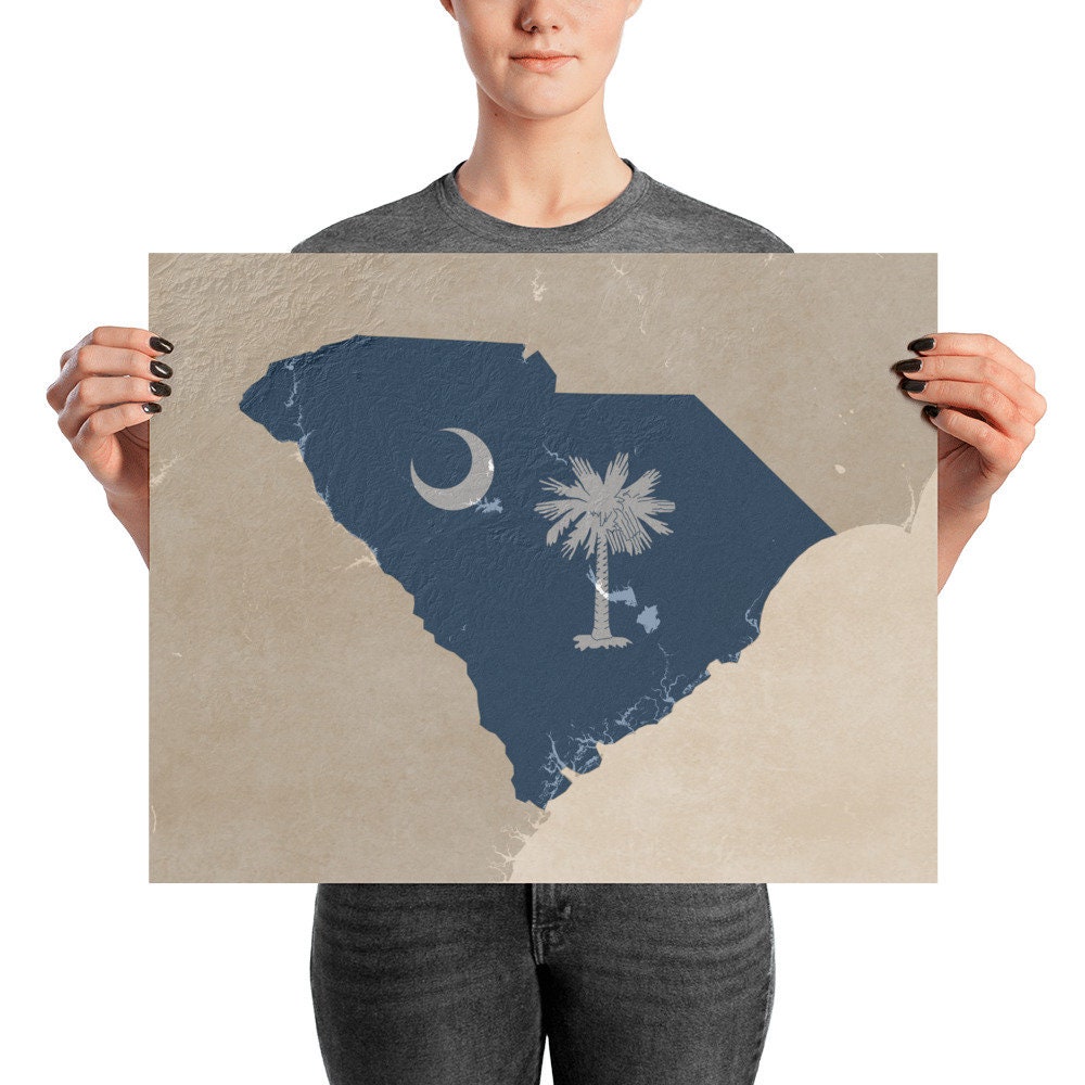 South Carolina Physical Map With State Flag Overlay Vintage - Etsy
