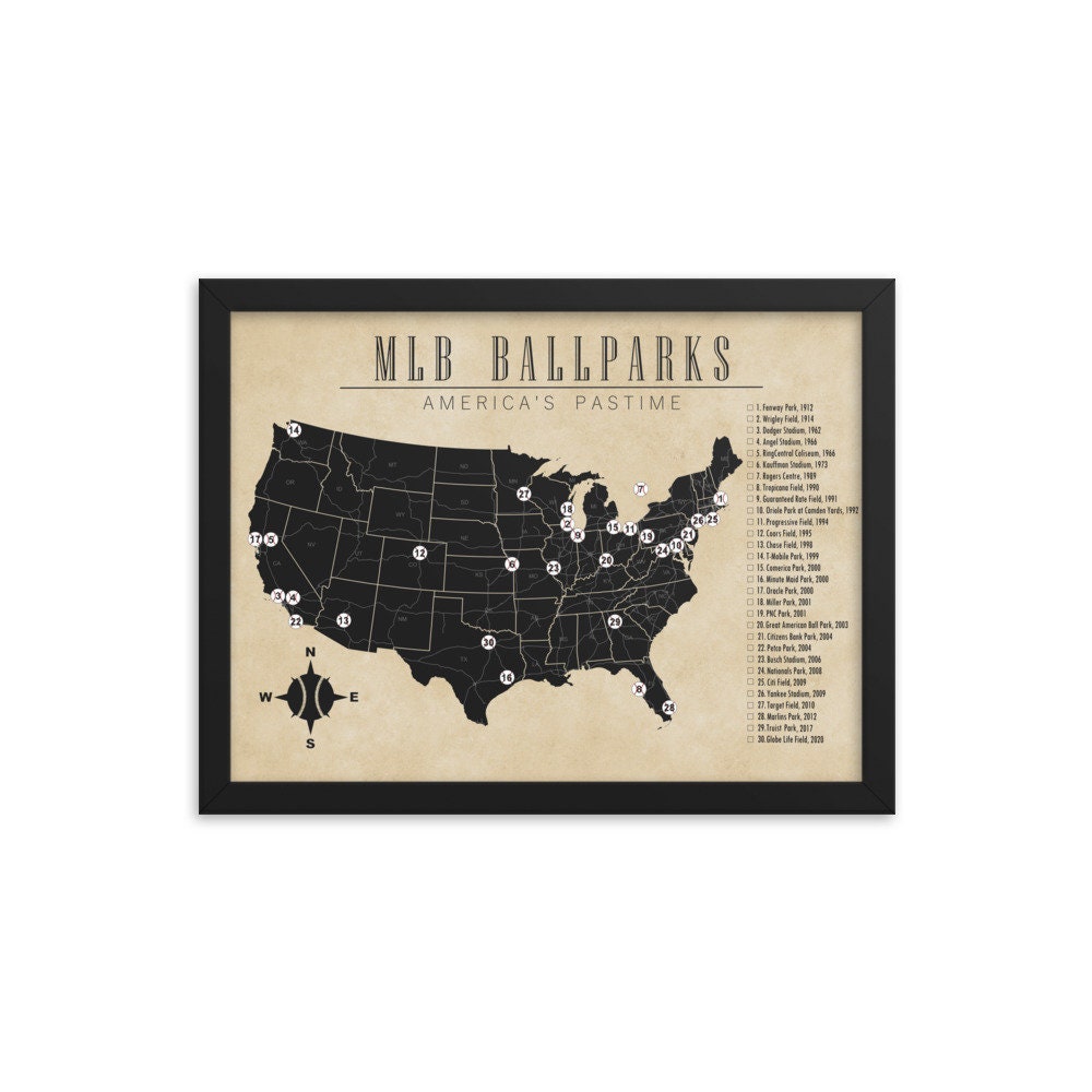 MLB Ballparks Checklist Map Poster 2021 Update Vintage | Etsy Canada