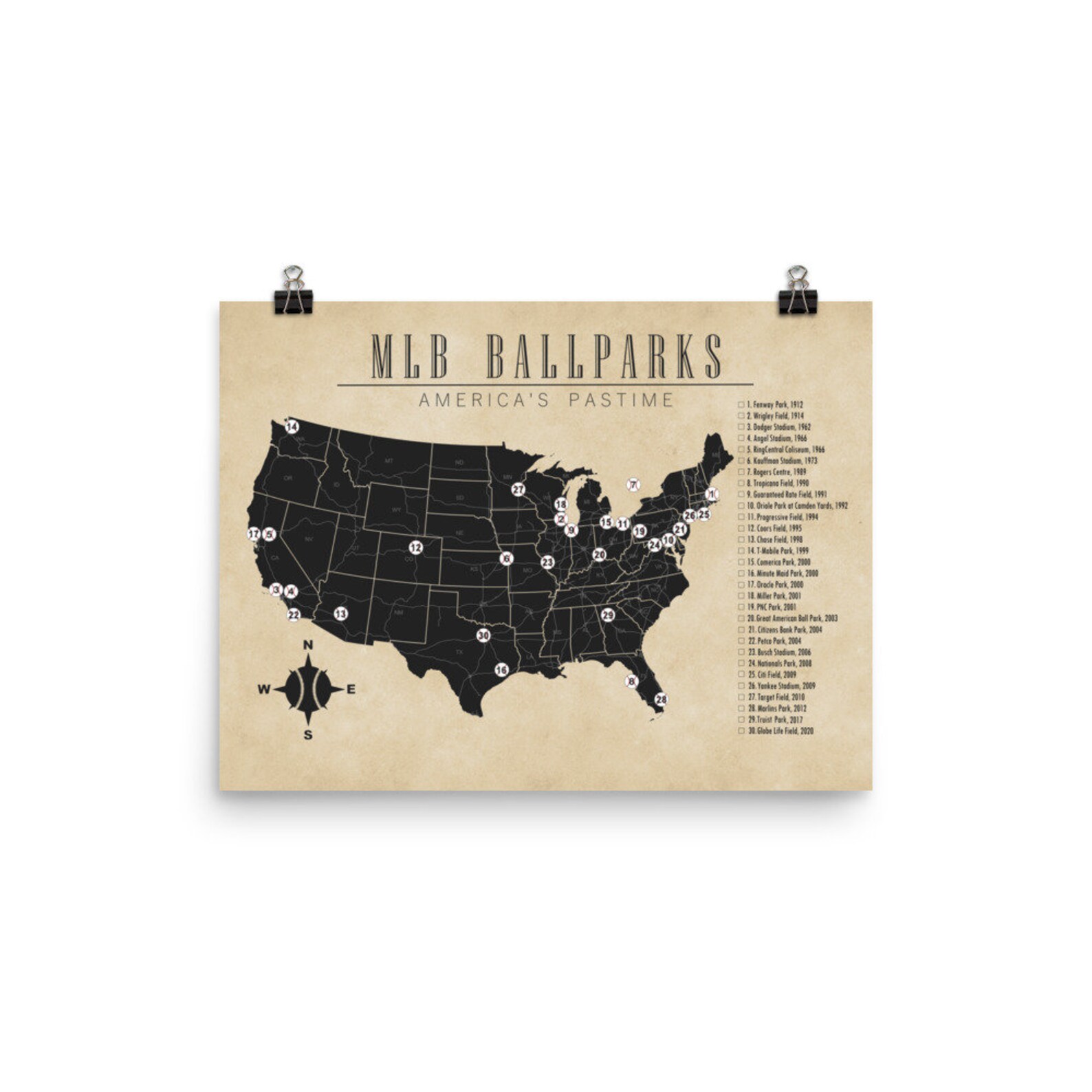 MLB Ballparks Checklist Map Poster 2021 Update Vintage Style - Etsy