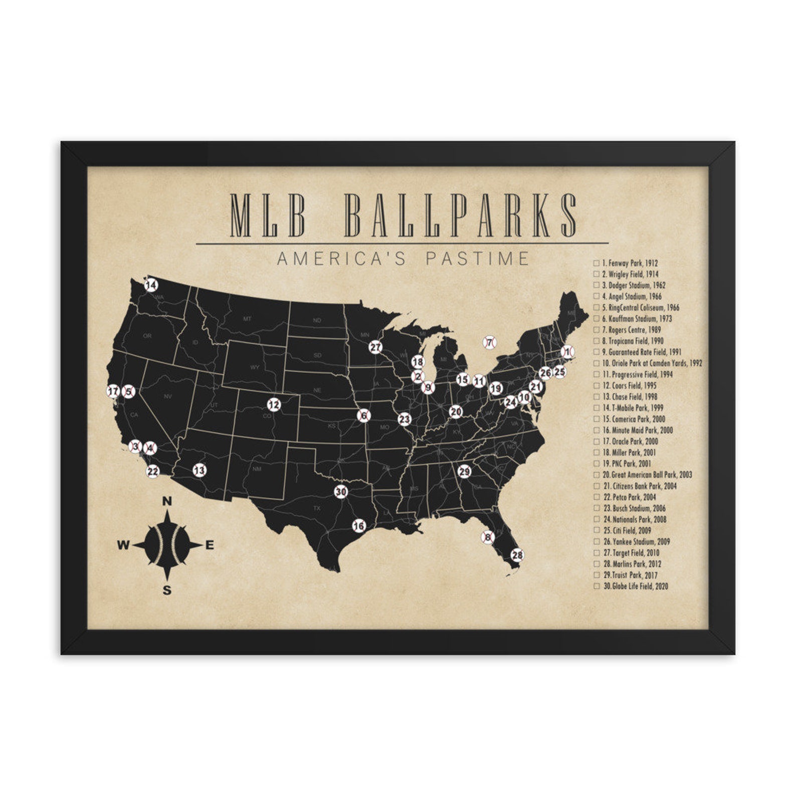 MLB Ballparks Checklist Map Poster 2021 Update Vintage Style - Etsy