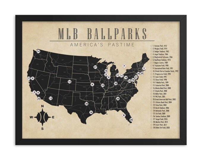 MLB Ballparks Checklist Map Poster 2021 Update Vintage Style - Etsy