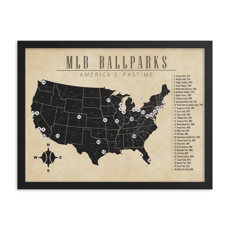MLB Ballparks Checklist Map Poster 2021 Update Vintage Style - Etsy