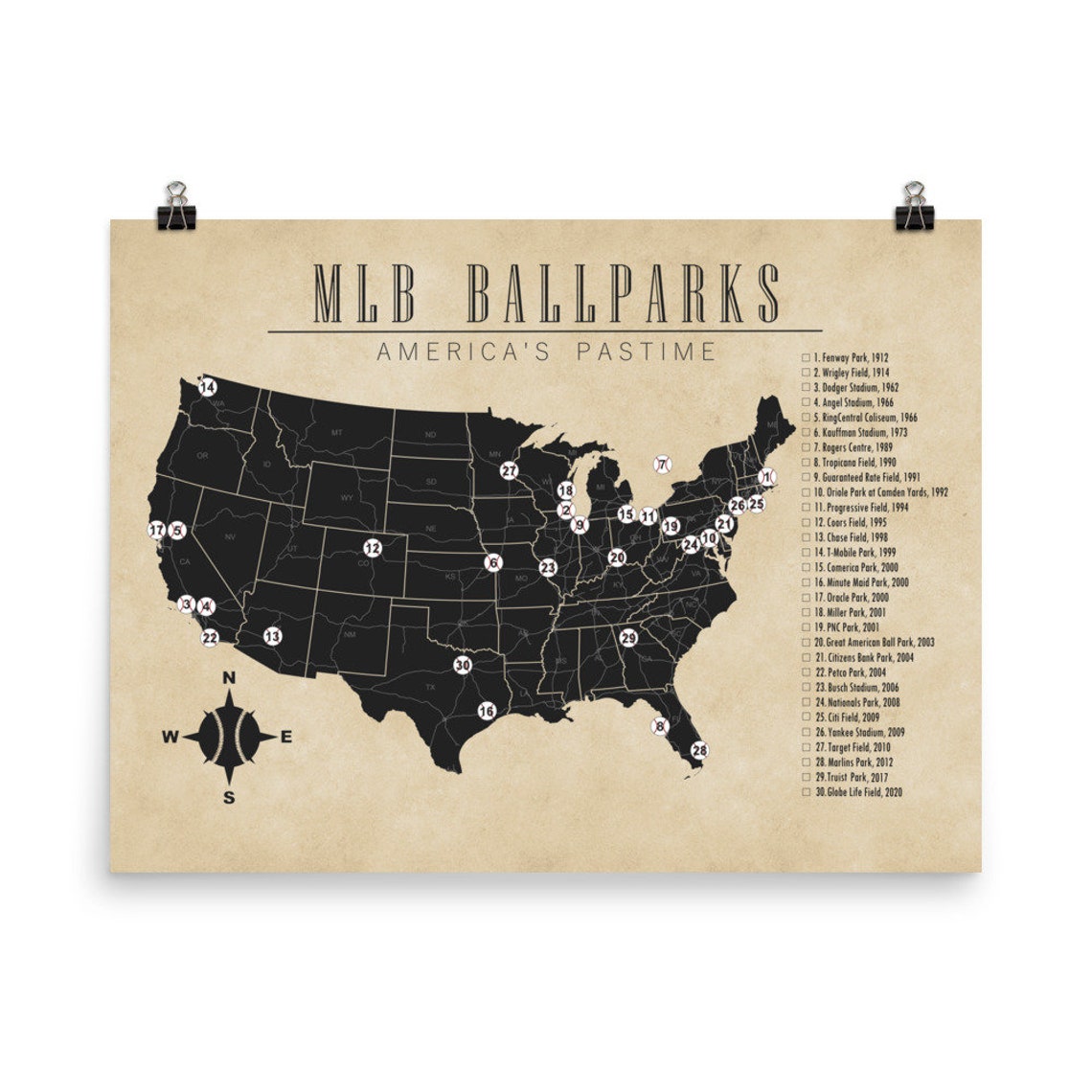 MLB Ballparks Checklist Map Poster 2021 Update Vintage | Etsy Canada