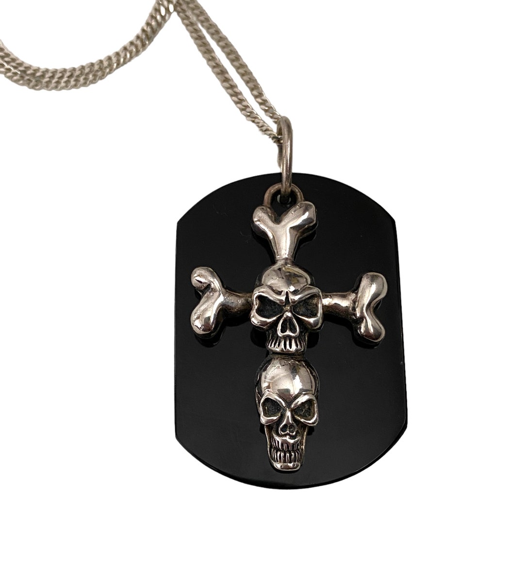 Large 925 Sterling Silver Goth Skull & Crossbones Pendant 18 Curb Chain ...