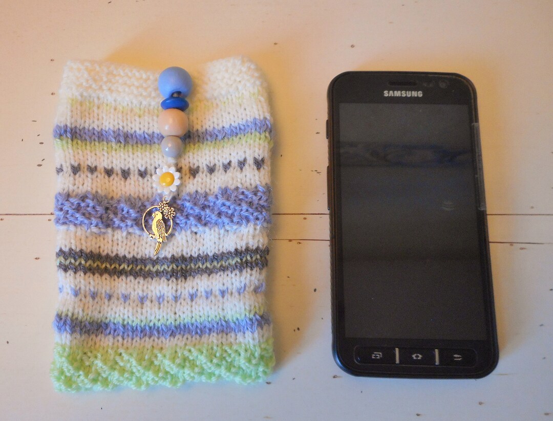 Blue, White, Gray and Green Striped Knitted Cell Phone Case or Knitted ...