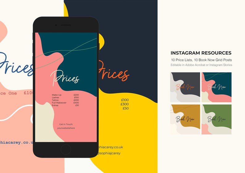 Colourful Price List Template Pack with Matching Grid Posts | Etsy