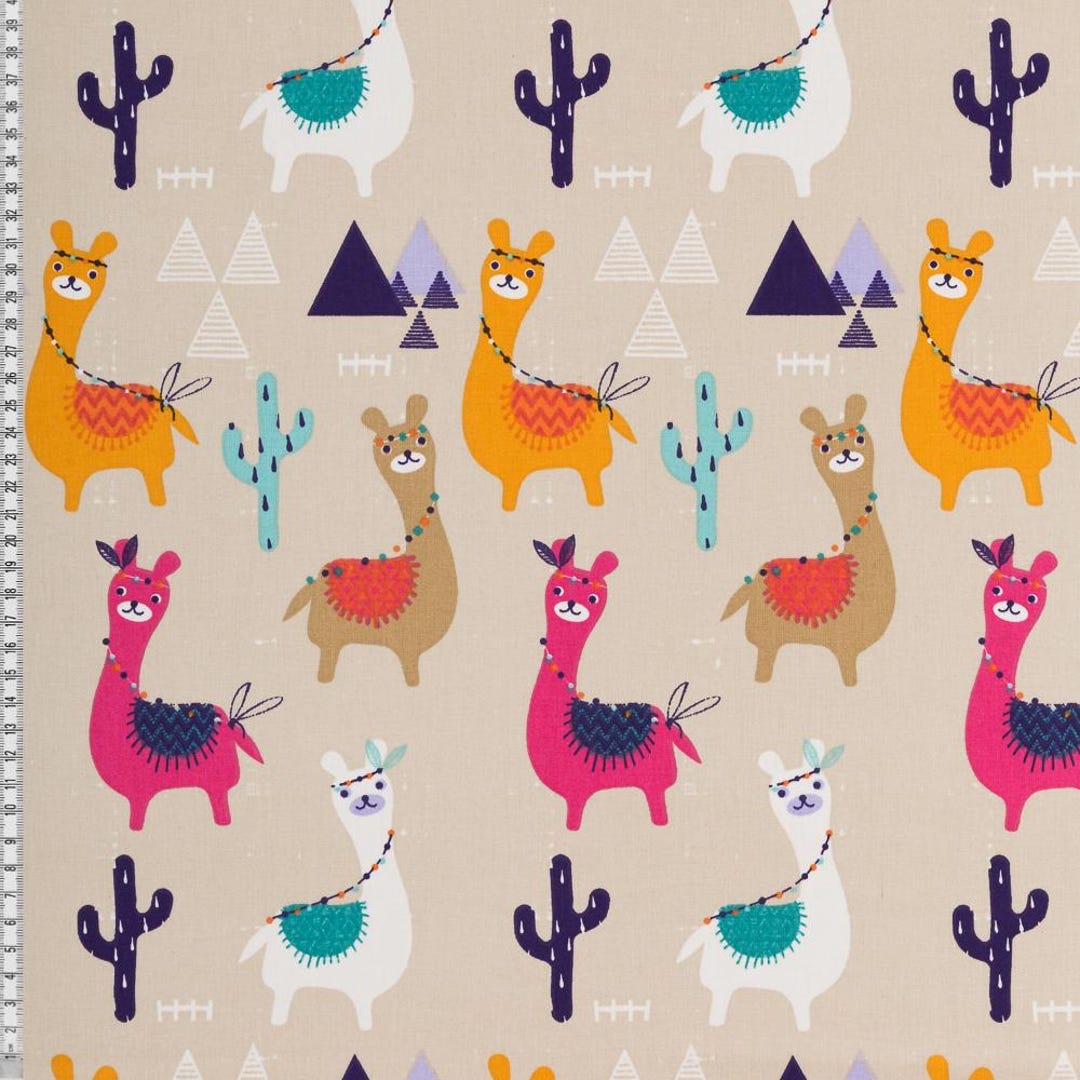 Lama Fabric Cotton Woven Fabric – Colorful Alpacas & Cacti – Sold by ...