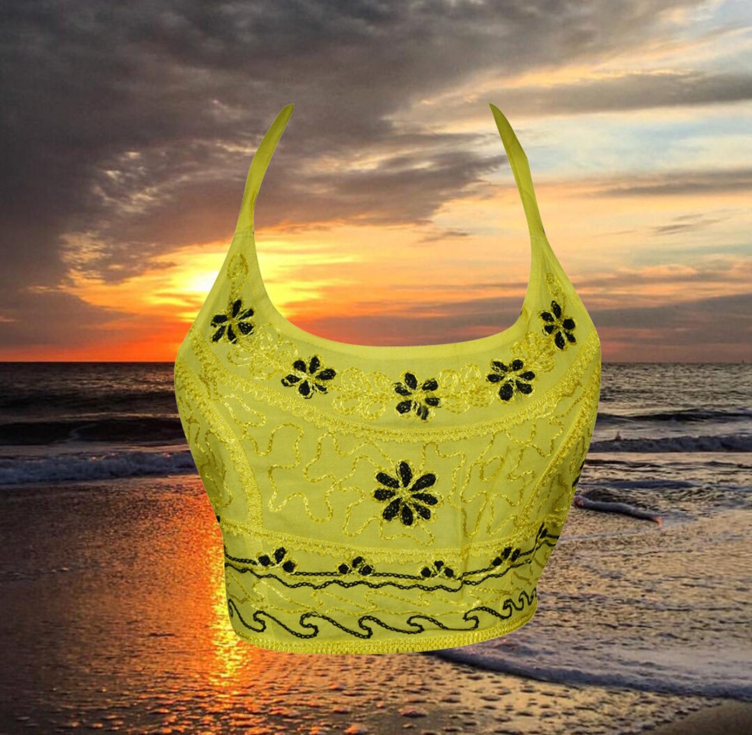 Women Halter Top, Yellow Tie Back Crop Top, Hand Embroidered Stylish ...