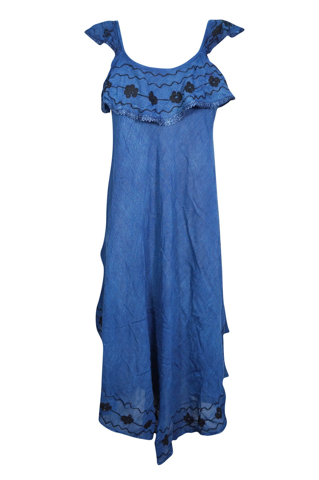 Blue Tank Dress Embroidered Stonewashed Sleeveless Flare Umbrella Style ...