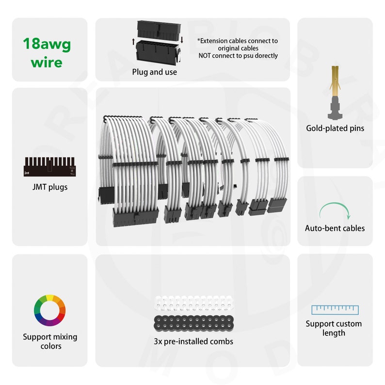 White Color Sleeved PC Psu Extension Cable Cpu Gpu Sata Extension Cords ...