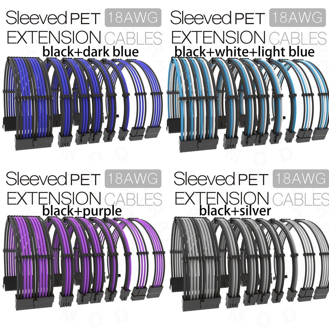 18awg Sleeved Pet Mixed Colors Psu Extension Cables Kit Atx Eps Pcie ...