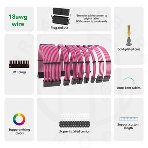 30cm Pc Psu Sleeved Extension Cable Pink Color Cpu Gpu Cable Cords - Etsy
